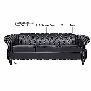 Dvasovio Chesterfield Luxury Leather Sofa, Upholstered PU Sofa with Tufted Back, Classic 3 Seater Leather Couch Rolled Arm for Living Room Office, Black