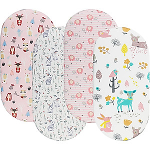 Bassinet Sheets for Baby Boy and Girl, Stretchy Breathable Fitted Sheet Universal for Bassinet Cradle Hourglass Oval Rectangle Pad/Mattress, 4 Pack Deer, Elephant, Rabbit and Squirrel Printing