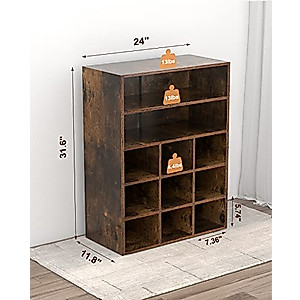 HAIOOU Shoe Cubby, 9-Cube Stackable Wood Shoe Rack Organizer 5-Tier Freestanding Wooden Shoe Stand with 2 Storage Shelf for 10-15 Pairs, Ideal for Apartment Entryway Closet Organization - Rustic Brown
