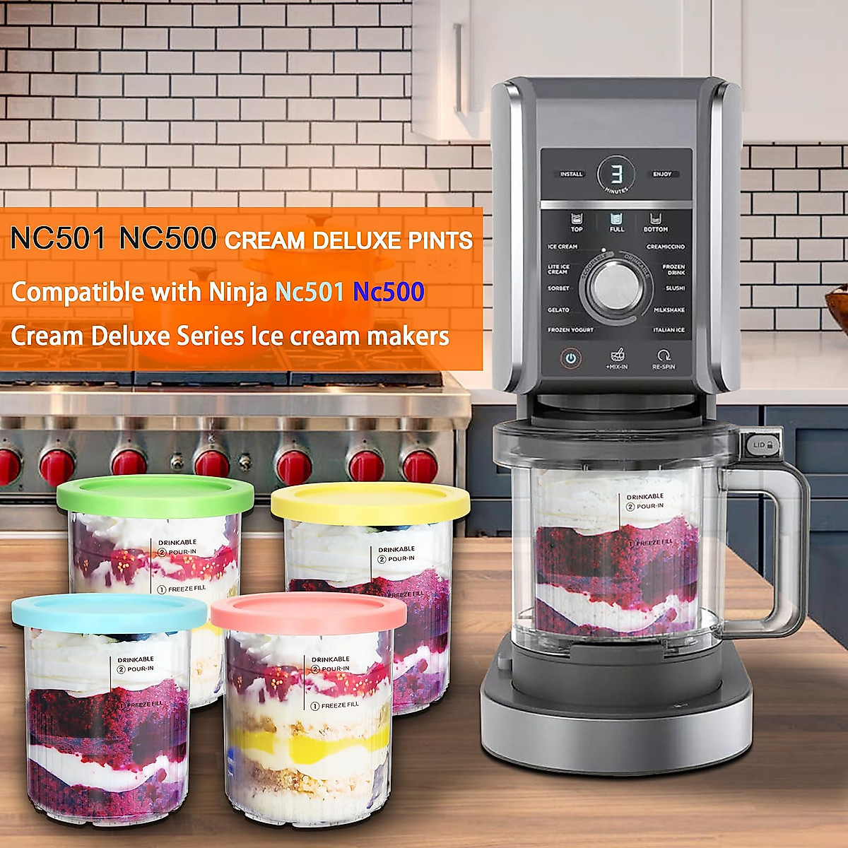 RYSIMWU For Ninja Creami Deluxe Pints and Lids 4 Pack, NC500 NC501 Ice Cream Pint fit for Ninja Delux Ice Cream Maker, 24 oz. food container for Ninja Creami Deluxe (Blue,Pink,Yellow,Green)