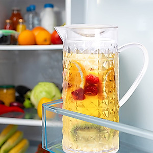 AVLA 2 Pack Acrylic Pitcher, 42 OZ Clear Water Container with Lid, Drink Beverage Fridge Jug, BPA-Free, Shatter-Proof, for Iced Tea, Sangria, Lemonade, Juice, Milk, Premium Quality, Diamond Pattern