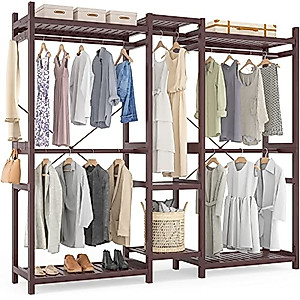 Homykic Bamboo Closet System, Large Clothing Rack Garment Rack for Hanging Clothes, Freestanding Clothes Rack with Shelves and 5 Rods, Stable Open Wardrobe Organizer with 4 Hooks, 70”Wx77”H, Espresso