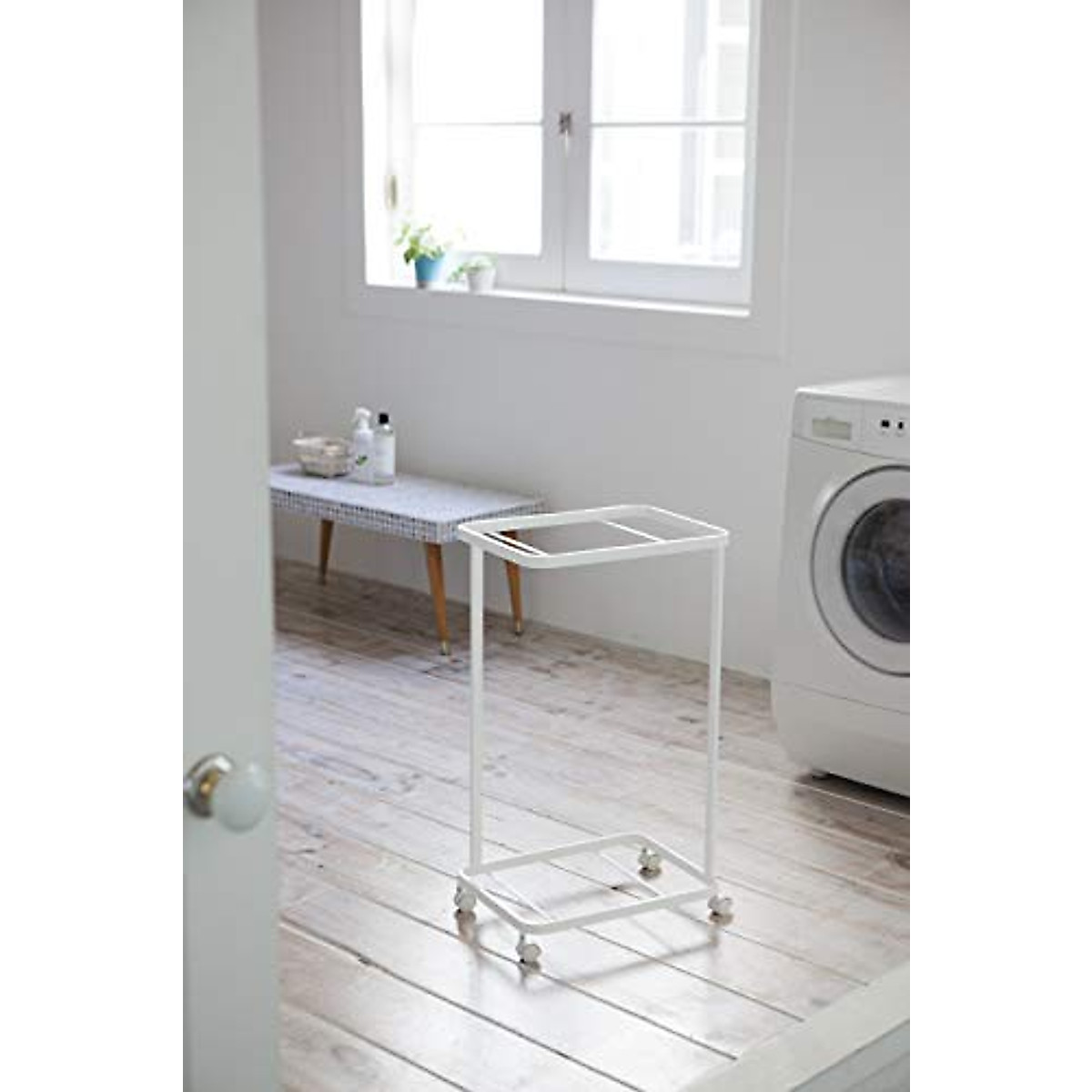 Yamazaki Home Laundry Basket Wagon-Large Storage Hamper Organizer | Steel + Wood | Short | Rolling Carts, White