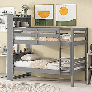Twin Over Twin Bunk Beds, Wood Bunk Bed with Bookcase Headboard, Solid Wood Bed Frame with Safety Rail and Ladder, Kids/Teens Bedroom, Guest Room Furniture, Can Be converted into 2 Beds, Grey