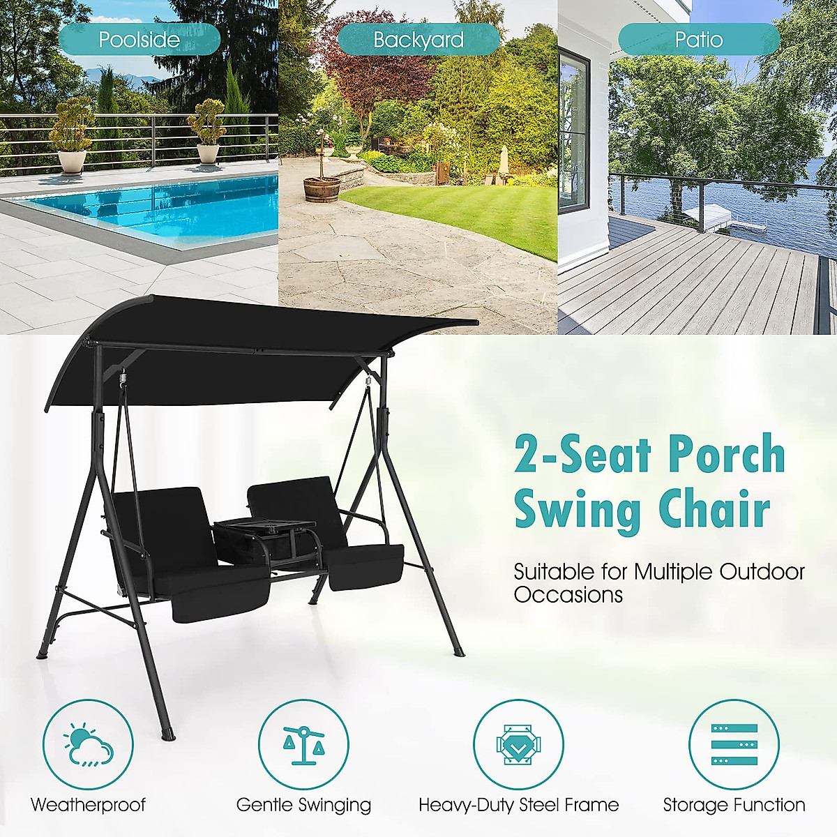 Happygrill 2 Person Porch Swing with Canopy, Outdoor Patio Swing with Center Tray & 6 Gal Cooler Bag, 2 Back Cushions & 2 Seat Cushions Included