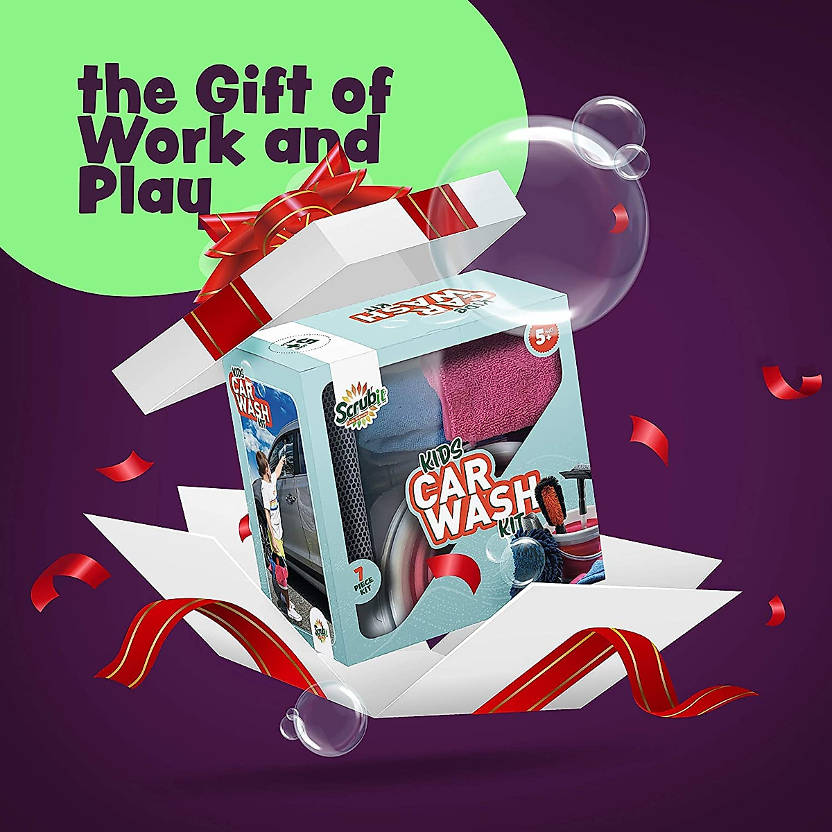 Kids Car Wash Activity Kit – 7 Kid-Sized Carwash Accessories Gifts for Boys & Girls Ages 5 6 7 8-10 - Outdoor Fun Toys – Set Includes Bucket, Squeegee, Microfiber Mitt, Wheel Brush, 3 Cleaning Cloths