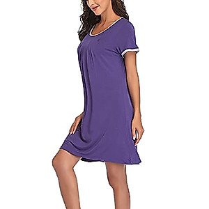 COLORFULLEAF Women's Nightgown Short Sleeve Nightshirt Sleep Shirt Comfy Sleepwear Pleated Scoopneck Sleepshirt (Dark-purple, S)