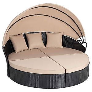 Walsunny Patio Furniture Outdoor Lawn Backyard Poolside Garden Round Daybed with Retractable Canopy Wicker Rattan, Seating Separates Cushioned Seats