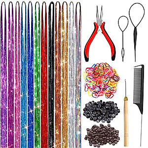 Fairy Hair Tinsel Kit with Tools 48 Inch Heat Resistant Safe 12 Colors Glitter Tinsel Hair Extensions 3200 strands (12 Colors, 3200 Strands)