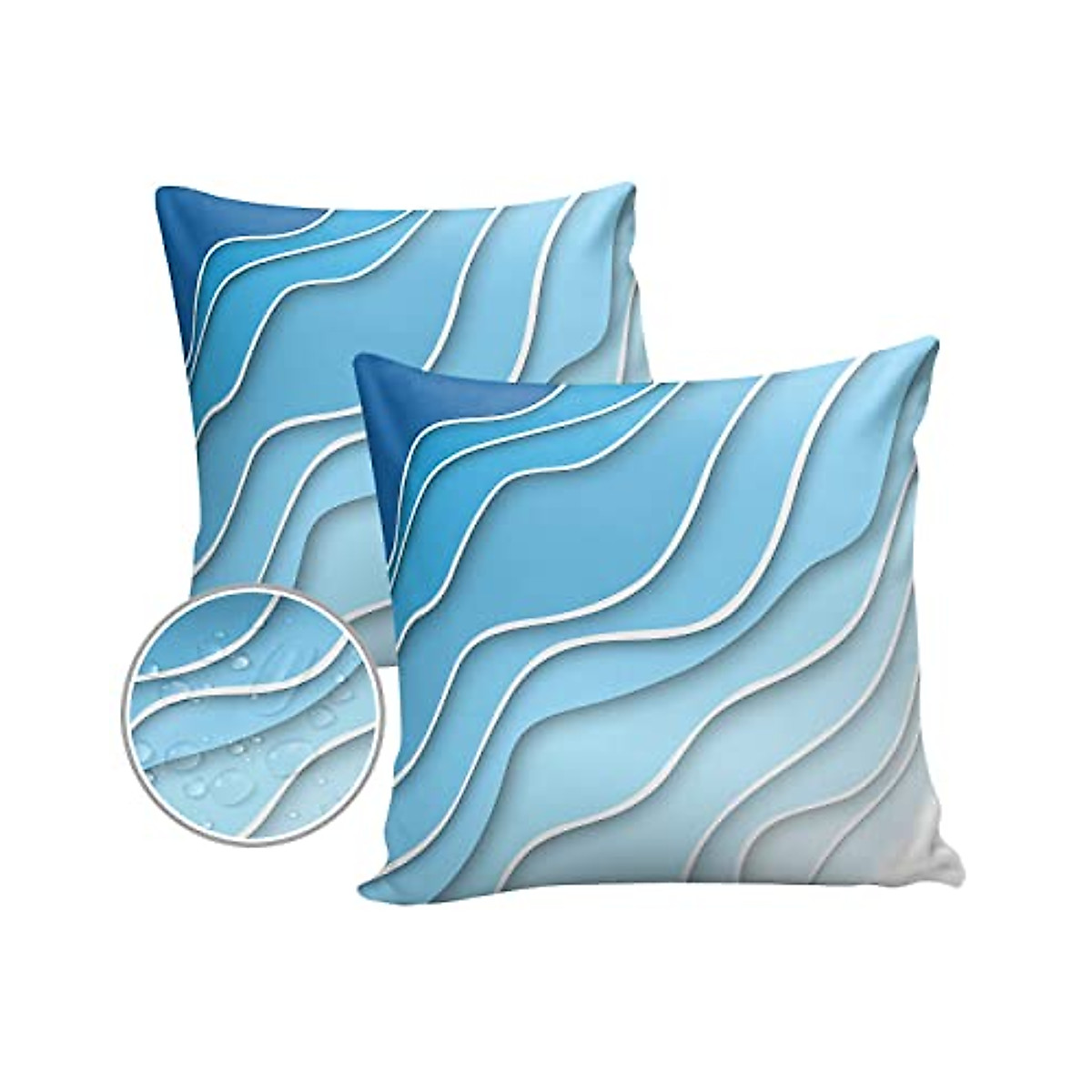 Outdoor Pillow Covers Waterproof, Blue Ombre Throw Pillowcase Decorative Cover, Aesthetic Geometric Blue Wave Modern Abstract Art Garden Cushion Case Set of 2 for Sofa, Couch, Tent, Patio 18"x18"