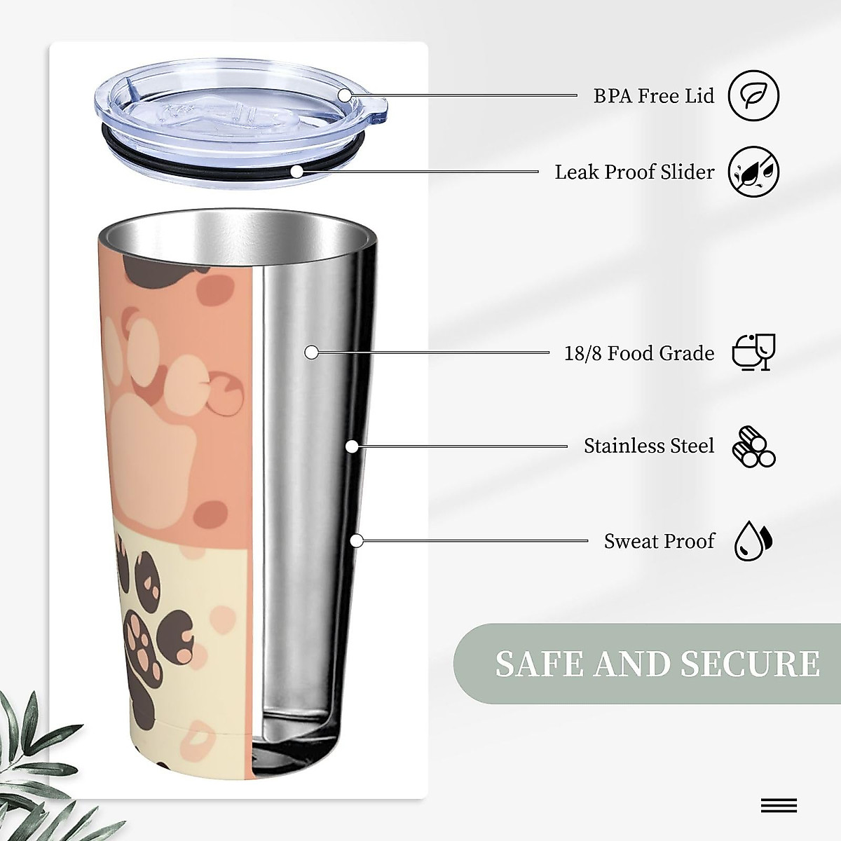Cute Cat Paw print 20 oz Stainless Steel Tumbler With Lid And Straw Insulated Coffee Cup Portable Travel Mug For Cold And Hot Drinks