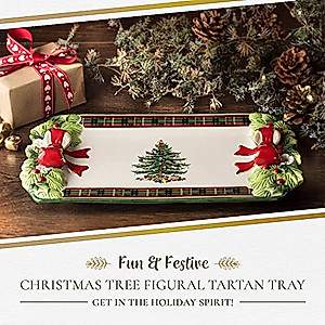 Spode Christmas Tree Figural Tartan Tray | Christmas Serving Tray with Tartan Border | Christmas Tray - Made of Fine Earthenware | Christmas Serving Trays for Serving Food | Dessert Tray - 12"
