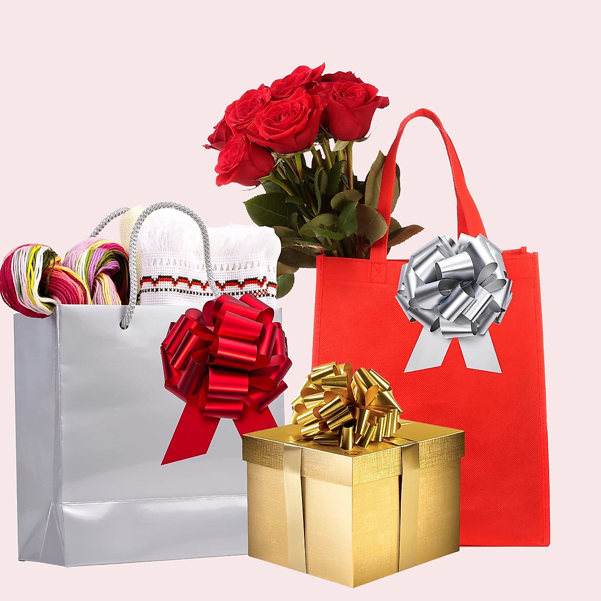 UNIQOOO 48PCS Metallic Rose Gold, Red, Gold, Silver Gift Wrap Pull Bow Set, 6 Inch Large 4'' Medium, Assorted Ribbon for Gift Basket Box Bag Wrapping Décor Valentines Day Wedding Birthday Anniversary