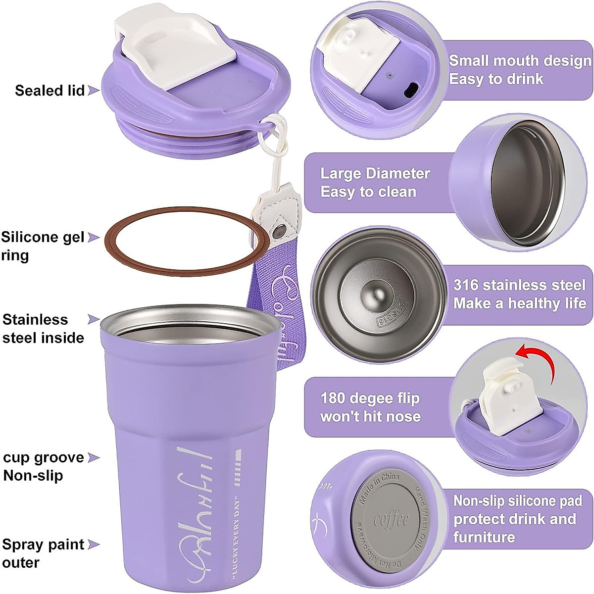 IRNATO Cute Women's 12 oz Coffee Mug, Double Wall Stainless Steel Coffee Mug, Reusable, Leakproof Travel Mug with Lid and Handle, Great Gift for Women and Girls…