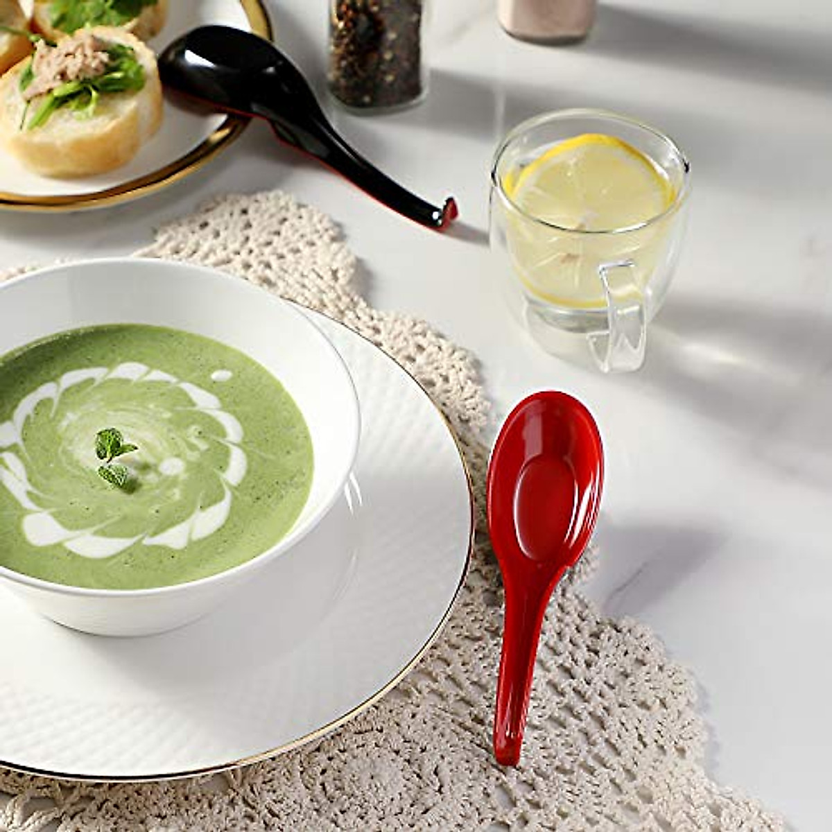 12 PACK Asian Soup Spoons, Rice Spoons, Melamine Chinese Won Ton Soup Spoon For soba, pho, ramen, Noodle, Korean Style Large Spoon with Long Handle- Notch and Hook Style, Red ＆ Black