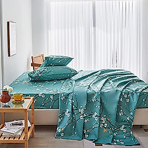 ZRNBAST Teal Sheet Set 4 Pcs Full Sheet Set Floral Print Flat Sheet Fitted Sheet Farmhouse Shabby Bedding Sheets Easy Fit Microfiber Sheets-All Seasons (Teal, Full)