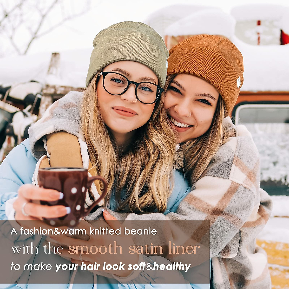 YANIBEST Womens Satin Lined Knit Beanie Hat Acrylic Winter Hats for Women Men Silk Lining Soft Slouchy Warm Cuffed Beanie Hat Blue