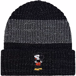 Disney Mickey Mouse Cuffed Beanie Hat, Knitted Stocking Cap, Black/Grey