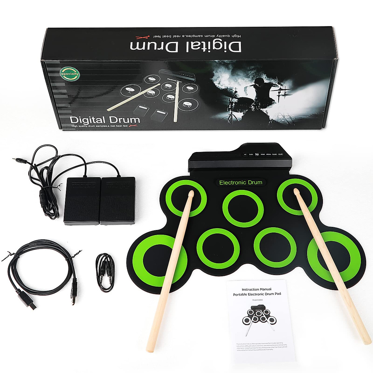 Topoworl Electronic Drum Set, Practice Drum Pad, Portable Silicone Beginners Electric Drum Set Percussion Instrument with Drum Sticks Sustain Pedals (Green)