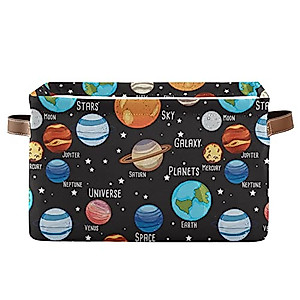 Kigai Solar System Storage Basket Collapsible Rectangle Storage Bin Shelves Basket Organizer with Leather Handle for Closet, Office, Nursery, Home Decor