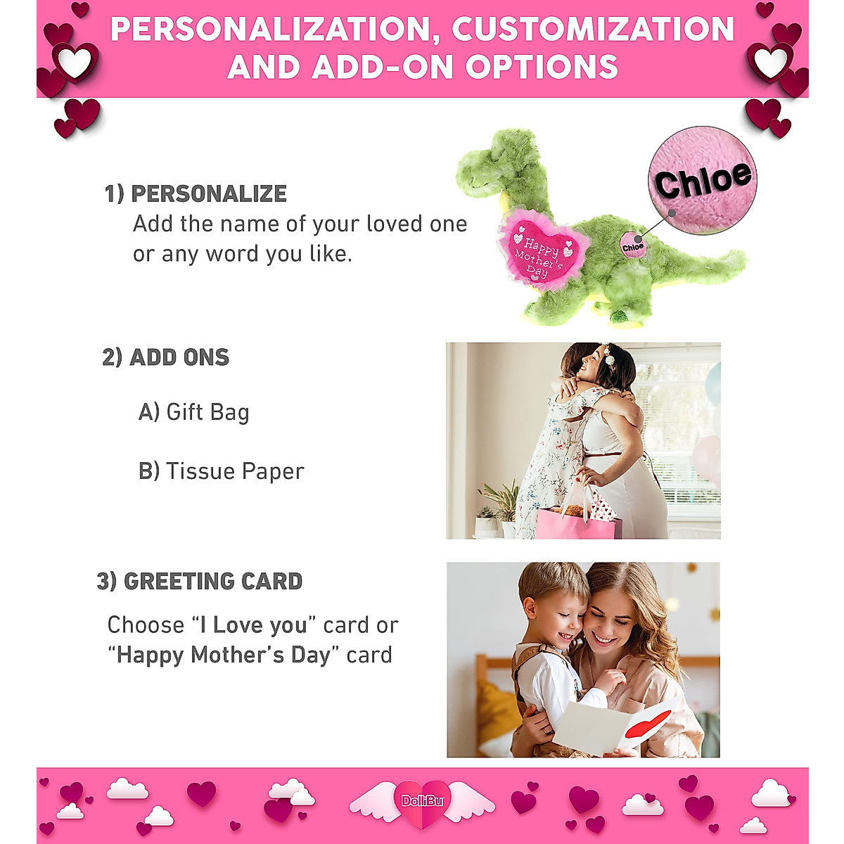 DolliBu Happy Mother's Day Super Soft Plush Green Dinosaur Doll Figure - Cute Stuffed Animal with Pink Heart Message for Best Mommy, Grandma, Wife, Daughter - 10" Inches