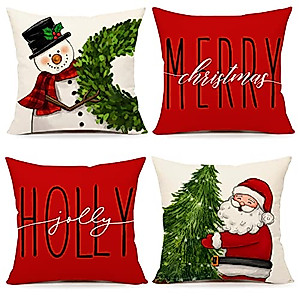 Red Christmas Pillow Covers 18x18 Set of 4 Farmhouse Christmas Decorations Snowman Wreath Santa Claus Tree Merry Christmas Holly Jolly Winter Holiday Decor Throw Cushion Case for Home Couch S22C17