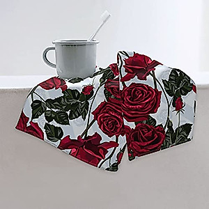 Floral Red Roses Small Hand Towel Kitchen Soft Microfiber 27.5'' X 15.7'' Multipurpose Fancy Flowers and Leaves Hand Towel for Bathroom