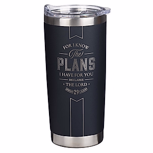 Christian Art Gifts Large Stainless Steel Inspirational Travel Tumbler for Men & Women: Know the Plans Encouraging Bible Verse, Engraved Double Wall Vacuum Insulated, Lid, 24hr Hot/Cold, Black, 18 oz.