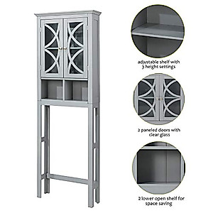 glitzhome 68.25 Inch Wooden Free Standing Storage Cabinet with Double Glass Doors Bathroom Cabinet Spacesaver Grey