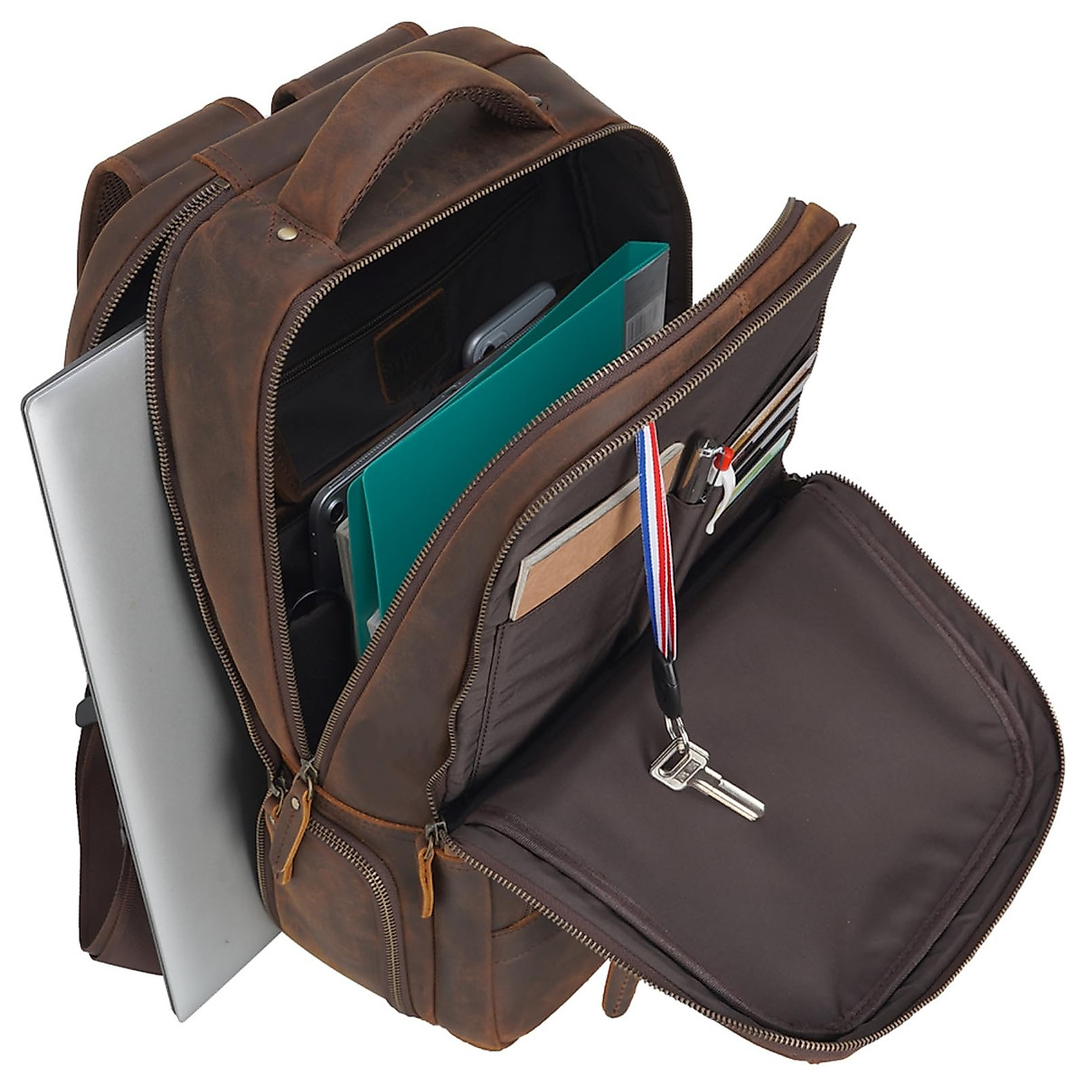 Masa Kawa Full Grain Leather 15.6” Laptop Backpack for Men Vintage Large Travel Rucksack Bag School Bookbag Daypack