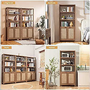 SICOTAS Bookshelf 5 Tier Book Shelf Rattan Boho Tall Bookcase with Doors Storage Wood Shelves Large Bookshelves Farmhouse Bookcases Library Book Case for Living Room Bedroom Home Office Kitchen (Oak)