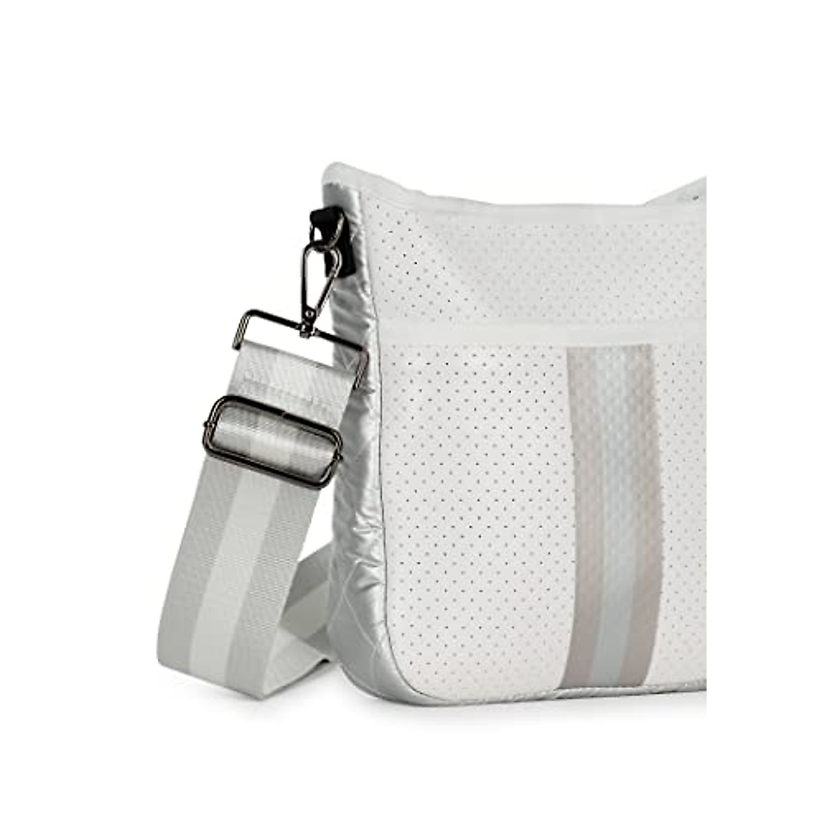 Jeri Vapor Crossbody Tote by Haute Shore, White Coated W/Silver & Rosegold Stripe
