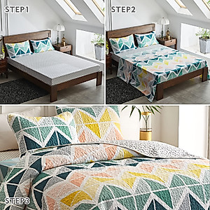 Quilt Set Bed in a bag 7 Piece Queen Size Colorful Cubes Orange Yellow Green Bedspread Coverlet with (1 Reversible Quilt 88x88, 2 Pillow Shams, 1 Flat Sheet, 1 Fitted Sheet, 2 Pillowcases)