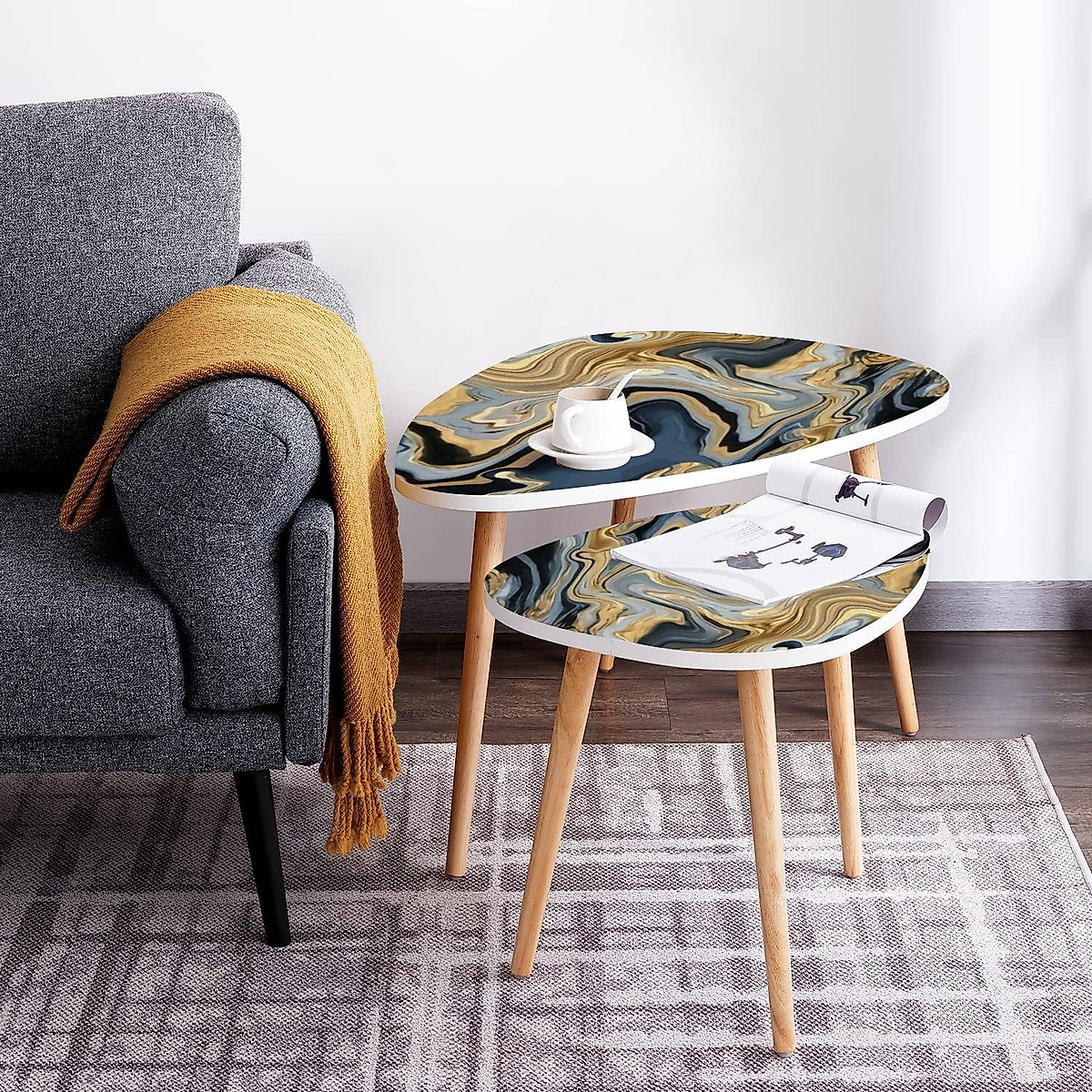Small Coffee Nesting Table Marble Texture Seamless Silver Gold Grey Blue Black Abstract Seamless Modern Minimalist Side Table Triangle End Tea Table Center Table Set of 2 for Living Room Bedroom