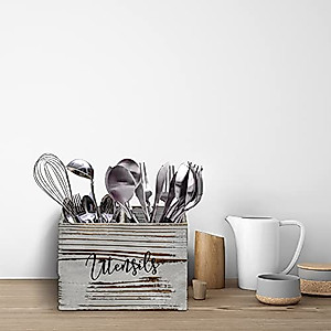 LADESIGGN Wood Utensil Holder for Countertop, Farmhouse Kitchen Decor for Flatware, Utensil Caddy with 2 Compartments, Rustic Utensil Organizer for Kitchen