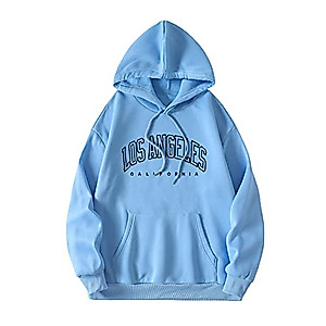 Cozyease Men's Oversized Letter Graphic Drawstring Casual Hoodies Long Sleeve Vintage Street Hoodie Sweatshirts Blue L