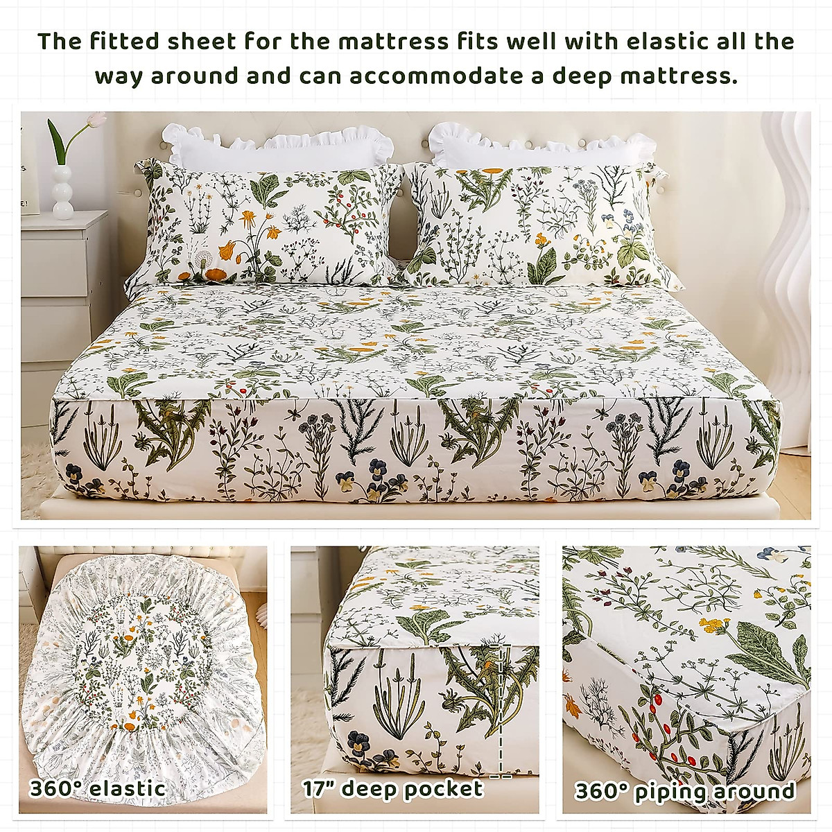 QSH 100% Cotton Sheets for Queen Size Bed, Yellow Flowers Plant Pattern Botanical Luxury Cotton Printed Floral Bedding Sheets Queen Soft and Breathable 4pcs Deep Pocket Queen Sheet Set