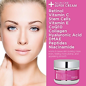 All In One Super Anti-Aging Cream for Face with Retinol, Vitamin C, Stem Cells, Vitamin E, CoQ10, Collagen, Hyaluronic Acid, DMAE, Peptides, Niacinamide for More Youthful Looking Skin 2oz