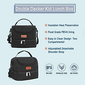 Femuar Kid Lunch Bag For Boys &Girl, Children Insulated Lunch Box Dual Compartments Small Lunch Cooler Bag , School,Travel, Gift, Black