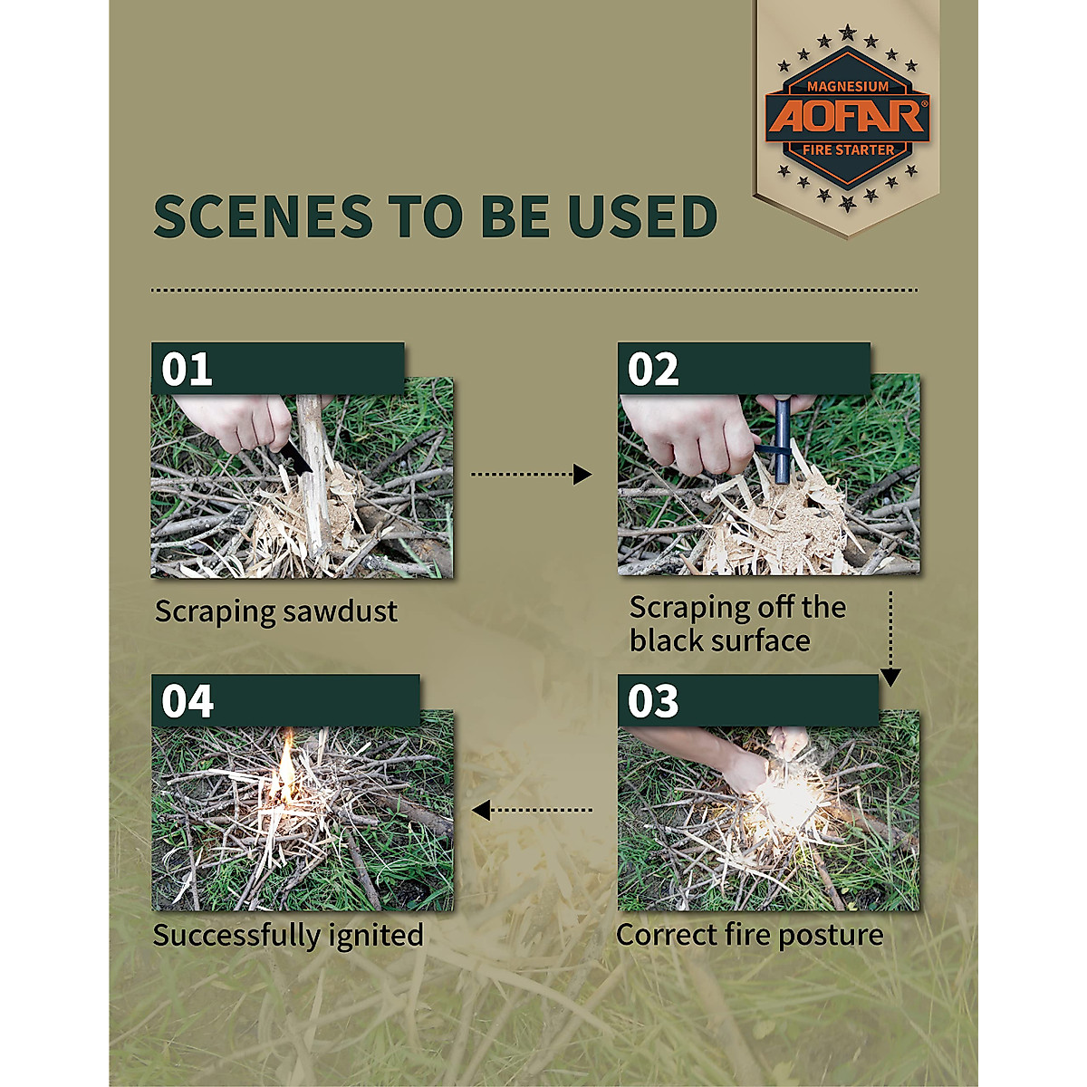 AOFAR Fire Starter, AF-376 Ferrocerium (Ferro) Rods, Fire Starter Kit with Two Multi-Tool Fire Strikers, 80dB Survival Whistle, Paracord Lanyard for Camping, Hiking, Emergency Rescue (1/2 * 5.1 Inch)