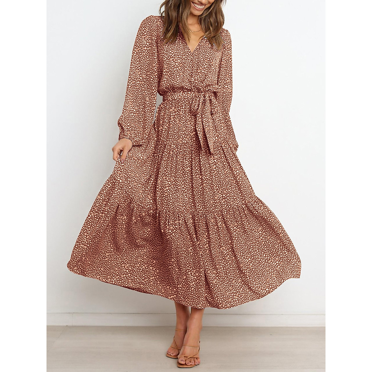 PRETTYGARDEN Women's 2024 Long Sleeve Wrap V Neck Floral Ruffle Tiered Maxi Dress Boho Chiffon Flowy Long Dresses with Belt(Khaki,Medium)