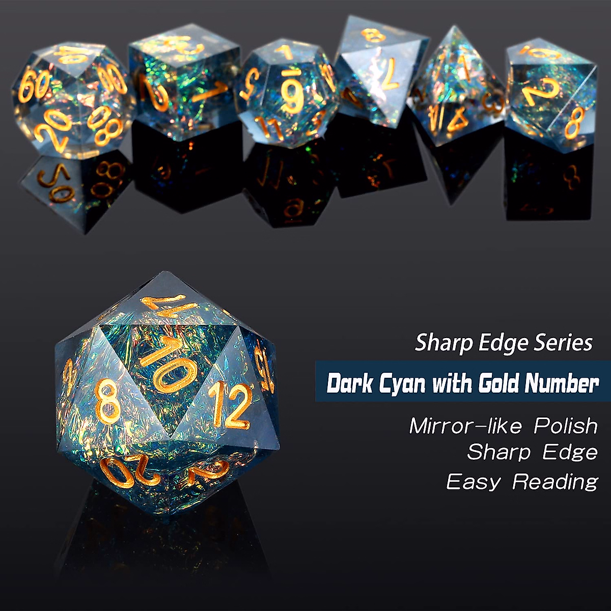 Dungeons and Dragons Dice Set,DNDND Handmade Sharp Edge 7 Die with Gift Dice Case for DND Dungeons and Dragon Game (Dark Cyan with Gold Number)