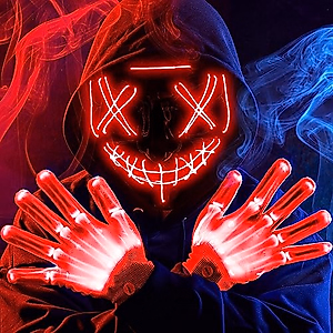 JOYIN Halloween Led Light Up Scary Mask and Gloves for Cosplay Costume (Red), 3 Modes Glow in The Dark Mask for Boys Girls