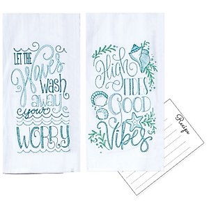 2 Coastal Dish Towels - Beach Kitchen Towels with Sayings | Ocean, Tropical, Seashell Theme Flour Sack Towel Set | Sea Life Towels for Dishes, Hand, Lake House, Beach House Decor with Recipe Card