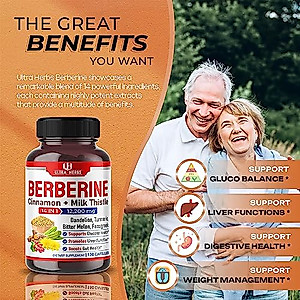 Ultra Herbs Premium Berberine 12,200MG with Cinnamon, Milk Thistle *USA Made & Test* Promotes Liver Function, Gut Health, Immunity (150 Count (Pack of 1))