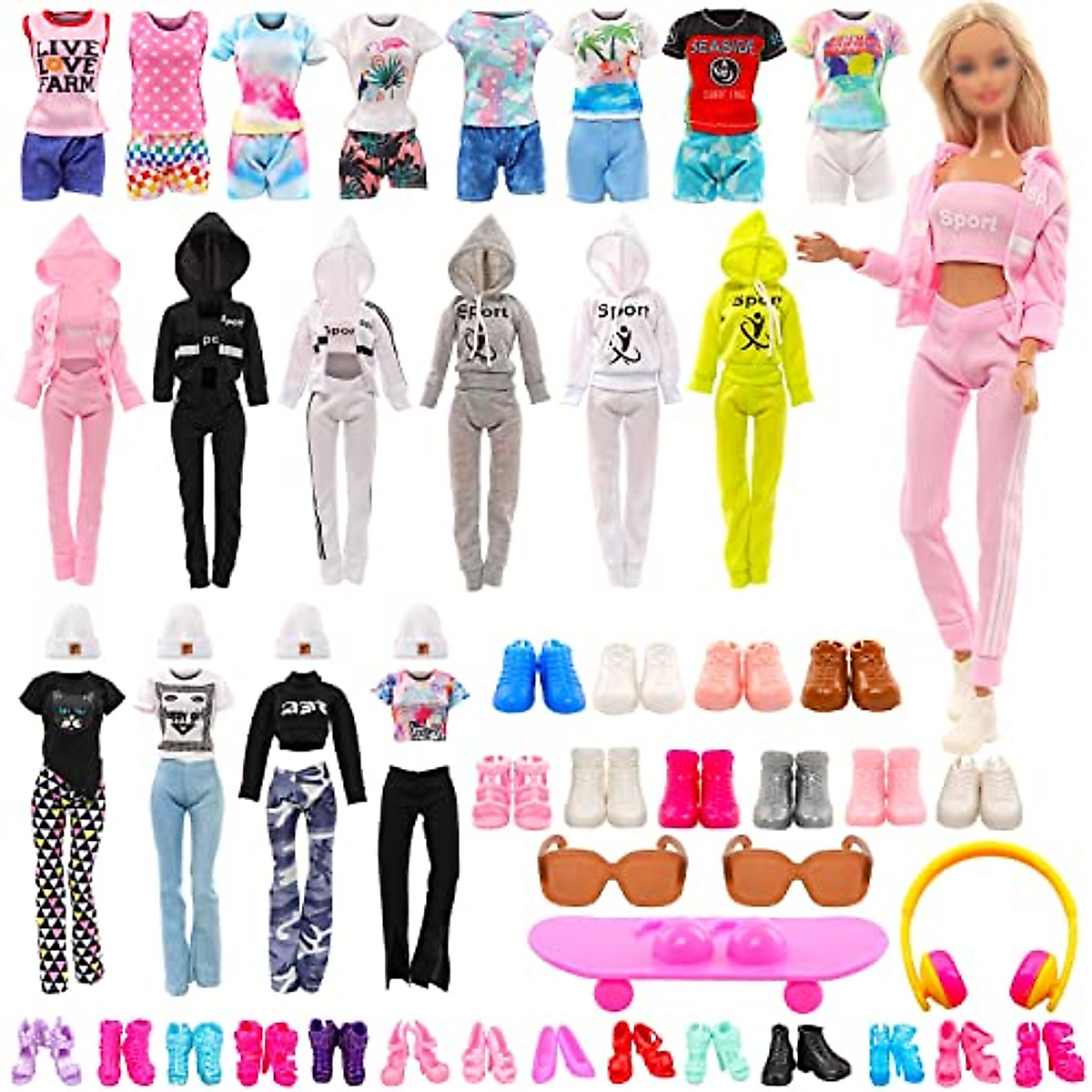 27 Pcs Doll Clothes and Accessories Including 8 Set Clothes Hooded Sport Suits Fashion Outfits Tops and Pants/Shorts with 15 Pairs of Shoes 4 Accessories for 11.5 Inch Dolls(Doll NOT Include)