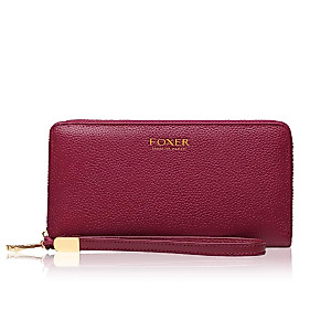 Leather Wallets for Women, Genuine Leather RFID Blocking 17 Card Slots Gift Box Packaging Ladies Purses with Zipper Coin Pocket Women's Long Wallets Womens Zip Around Wallets with Wristband (Red)