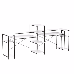 HYPIGO 109 Inches White Double Computer Desk, Extra Long Two Person Desk Workstation with Storage Shelves & Monitor Stand, Large Office Desk Study Writing Table for Home Office