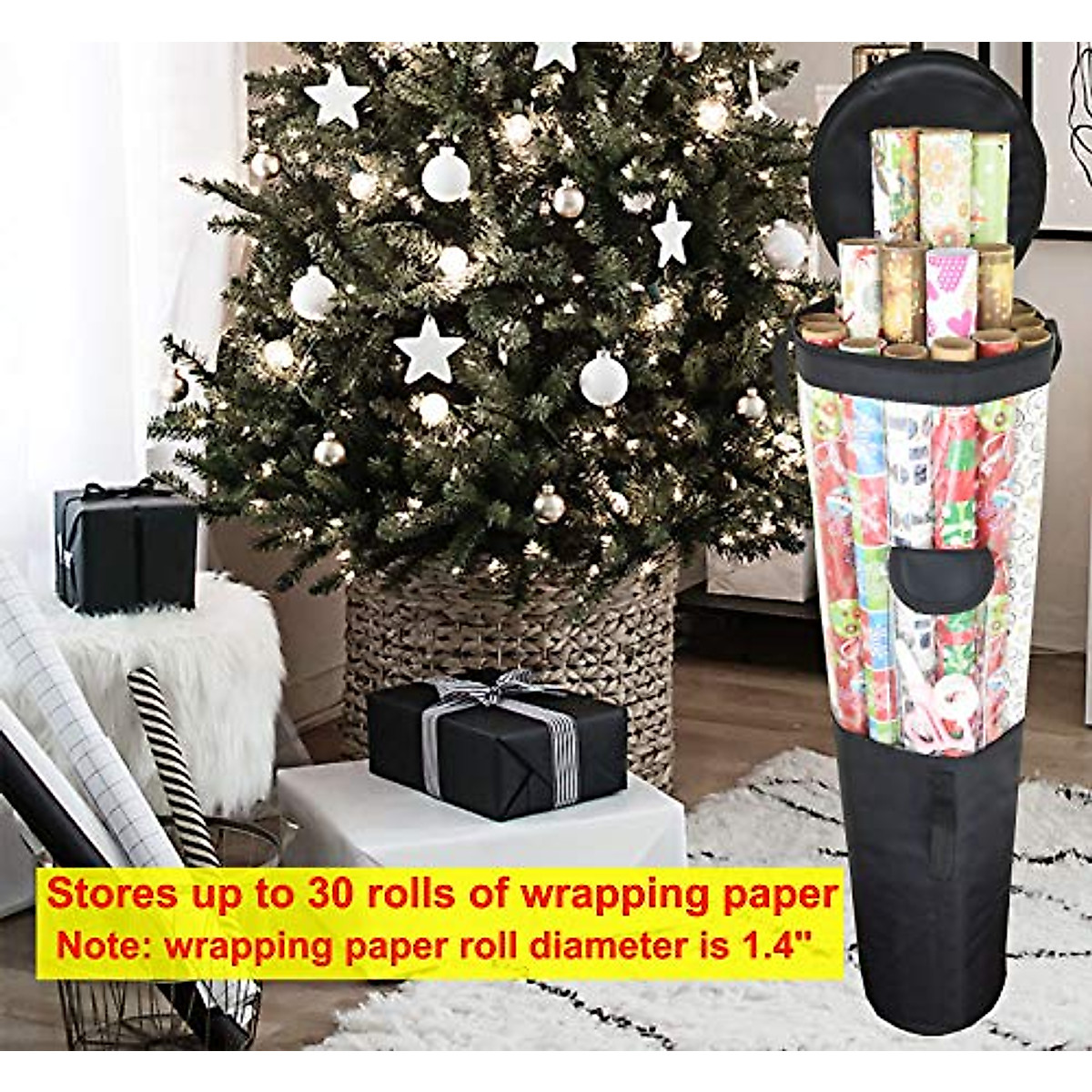 Freegrace Gift Wrap Organizer | Large 9" x 40.9" Wrapping Paper Rolls Storage Bag | Tearproof & Space Saving Under Bed Gift Bag Organization (Black)