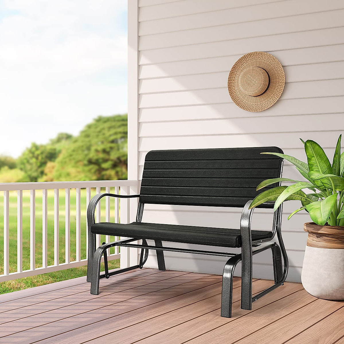 Tangkula Outdoor Glider Bench, Porch Glider Loveseat Swing Bench with w/Steel Frame, 2-Seat Rocking Chair for Porch, Garden, Backyard, Lawn (Dark Green)